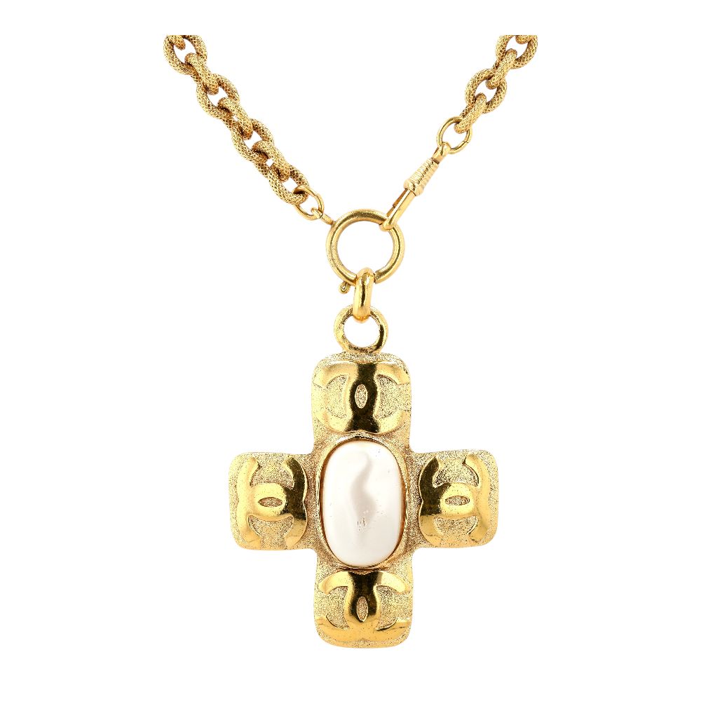 Gold Tone Vintage Interlocking Logo Cross With Large Faux Pearl Pendan ...