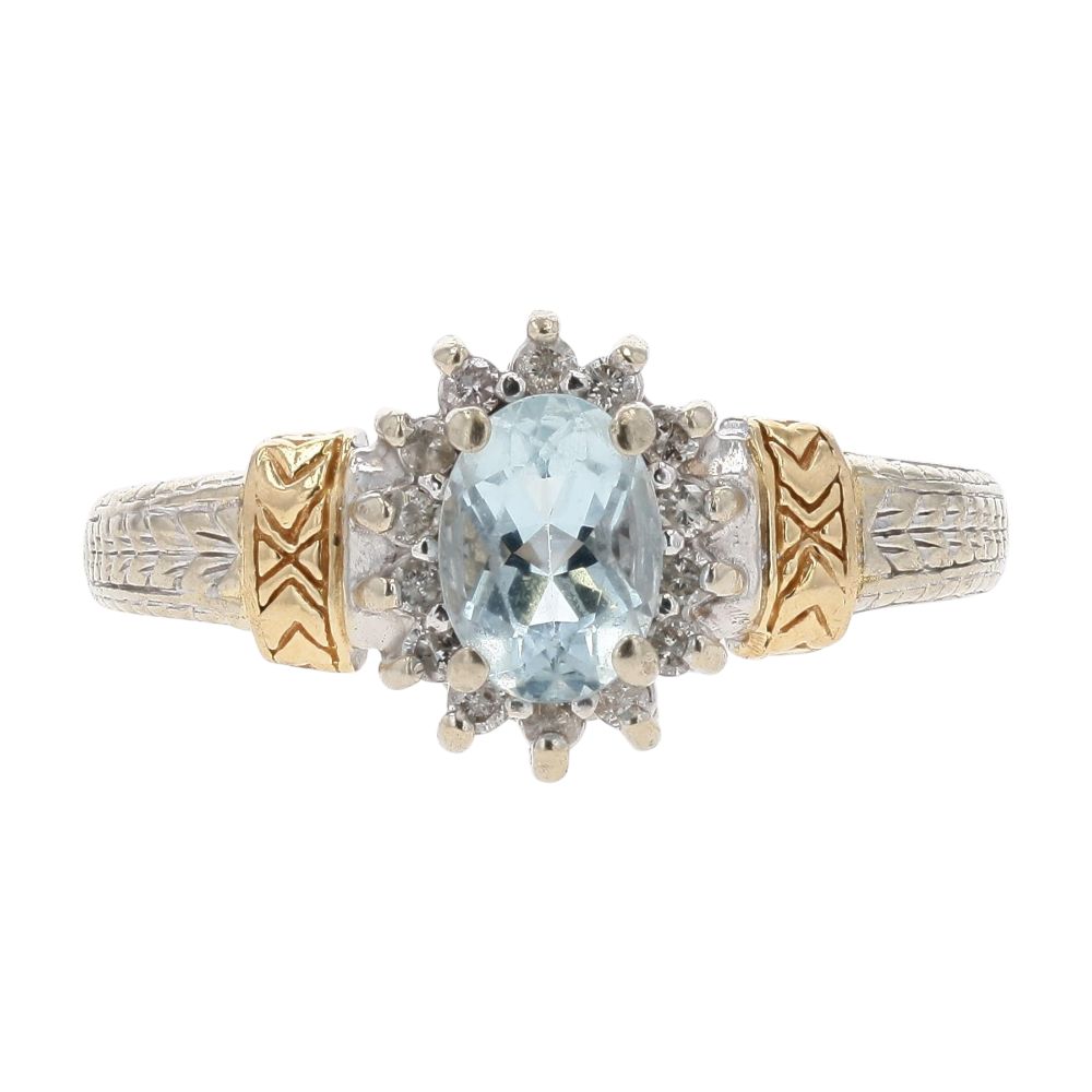 14K Two Tone Gold Oval Light Blue Stone With Round Diamond Halo Cockta ...