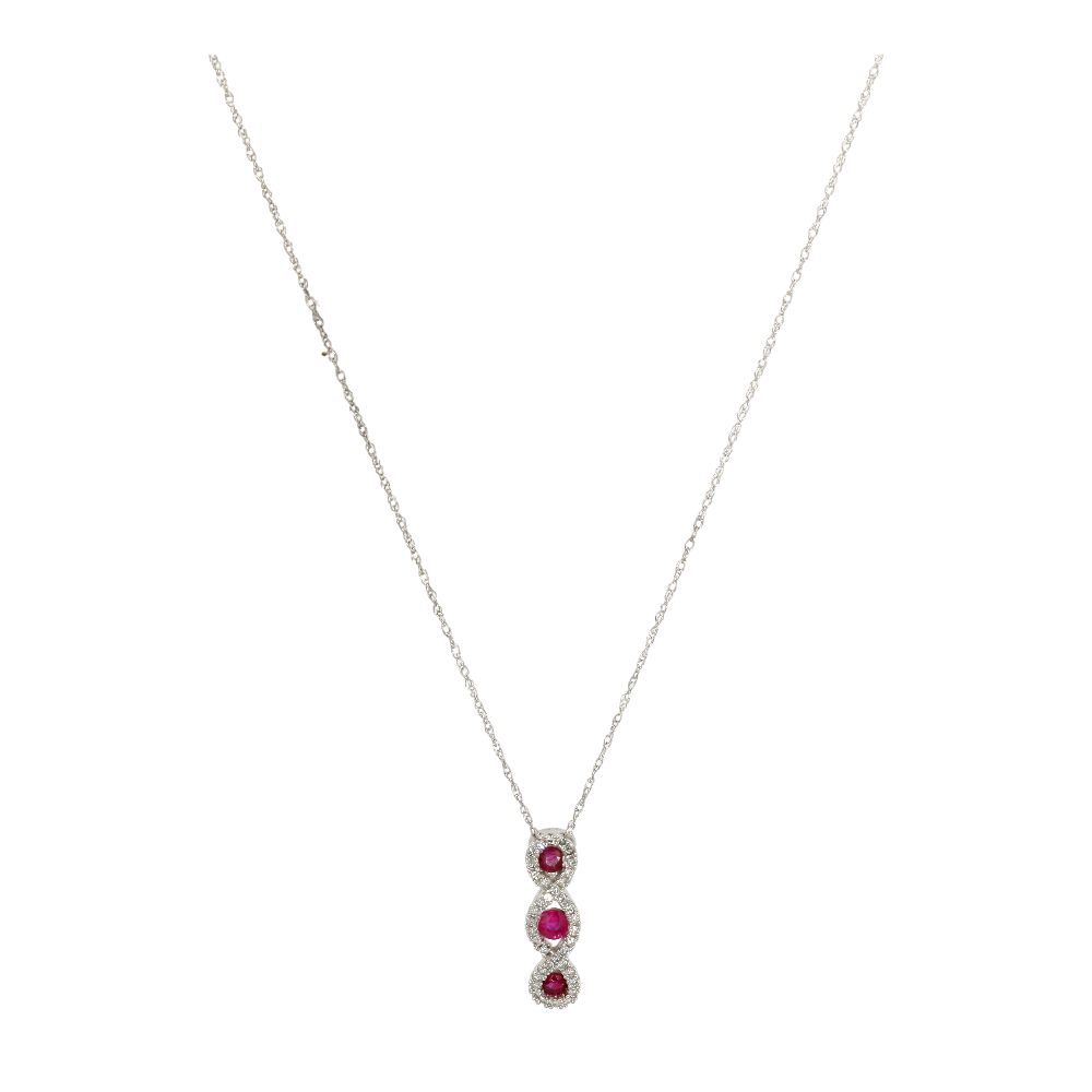 14K White Gold Diamond And Ruby Three Stone Pendant Necklace ...